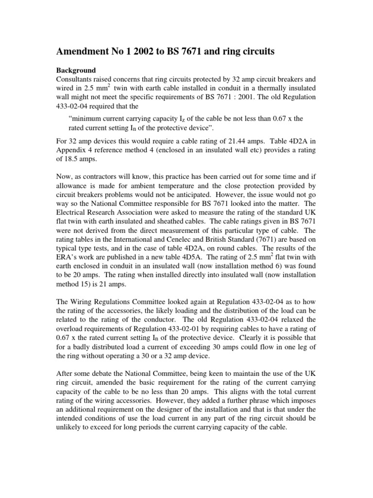 BS 7671 RING CIRCUIT AMENDMENT | PDF | Cable | Equipment