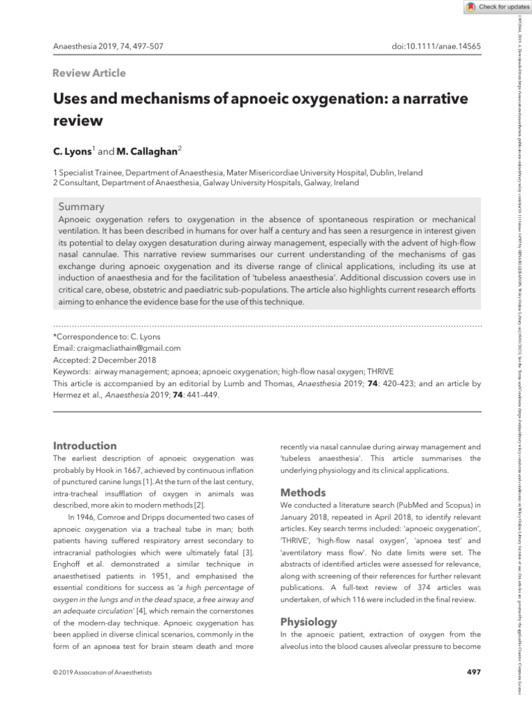 Anaesthesia 2019 Review Article Uses And Mechanisms Of Apnoeic