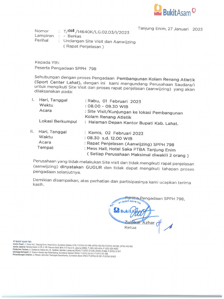Undangan Site Visit Dan Aanwijzing SPPH 798 (Kolam Renang) | PDF