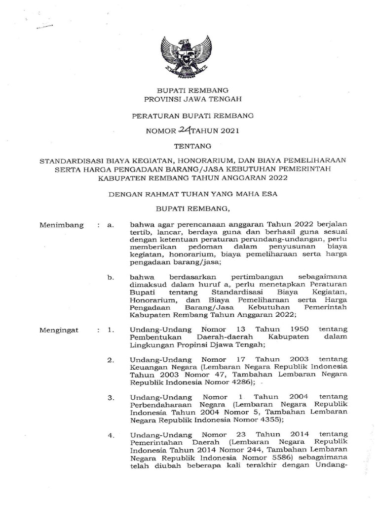 Perbup 2021 - 21 - Standarisasi (SSH) Ta 2022 | PDF