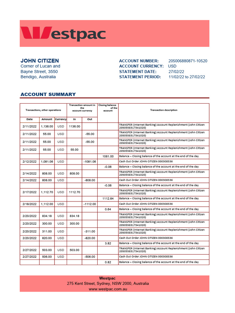 Australia Westpac Bank Statement | PDF