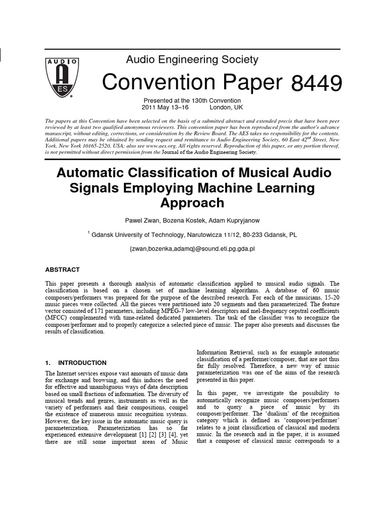 Automatic Classification of Musical Audio Signals Employing Machine ... Automatic Classification of Musical Audio Signals Employing Machine ...