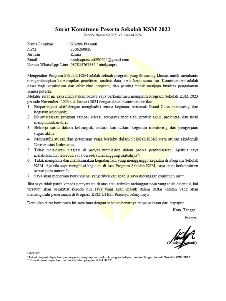 Surat Komitmen Peserta Sekolah KSM 2023 | PDF | Karier & Perkembangan