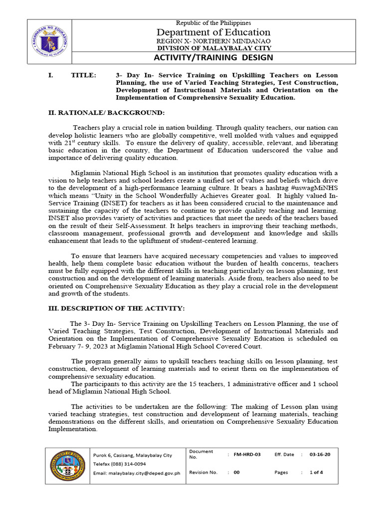 Inset Training Design | PDF | Teachers | Learning