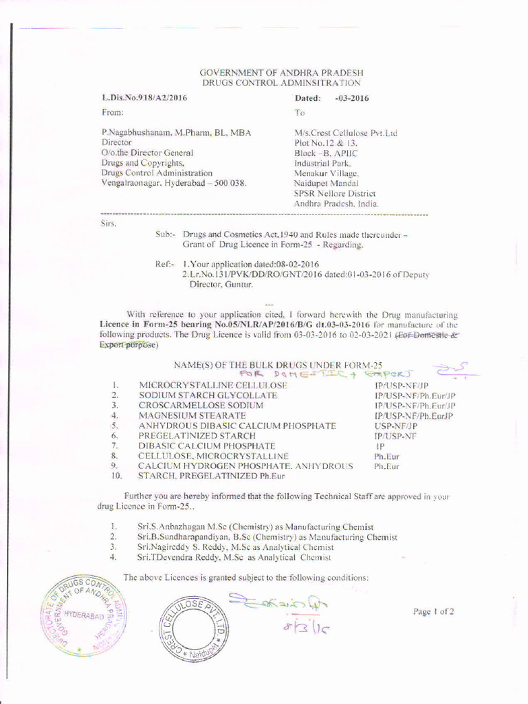 Drug License - Crest Cellulose | PDF