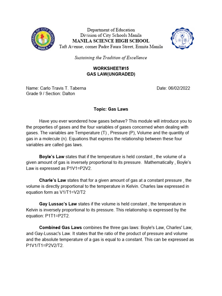 Worksheet15 Gas Laws | PDF | Gases | Temperature