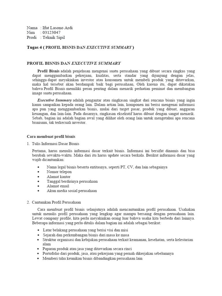 Tugas 4 PROFIL BISNIS DAN EXECUTIVE SUMMARY | PDF | Bisnis | Pengelolaan Keuangan & Uang