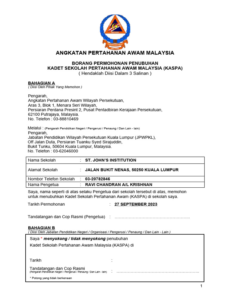 Borang Permohonan Penubuhan KASPA WPKL | PDF