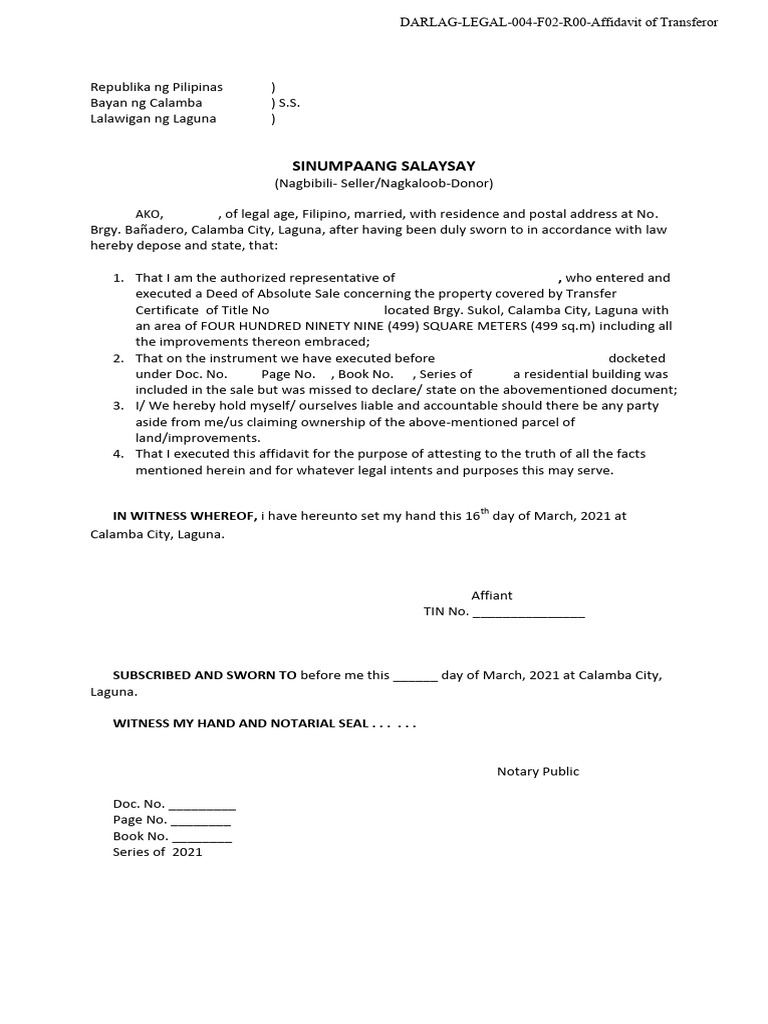 Sinumpaang Salaysay - Seller. - Sample | PDF