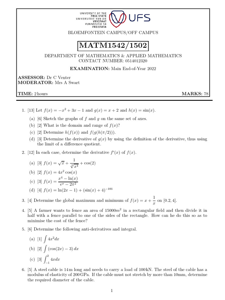 MATM1542-1502 - 2022 Main Exam Paper | PDF | Beam (Structure) | Bending
