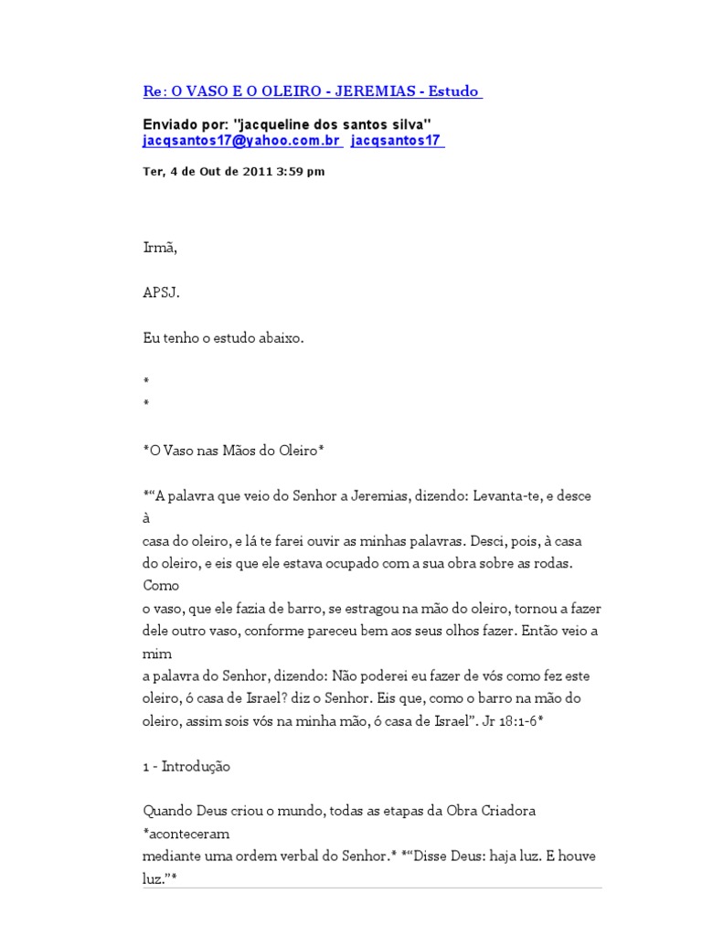 O Vaso E O Oleiro Estudo Pdf Cerâmica Santo