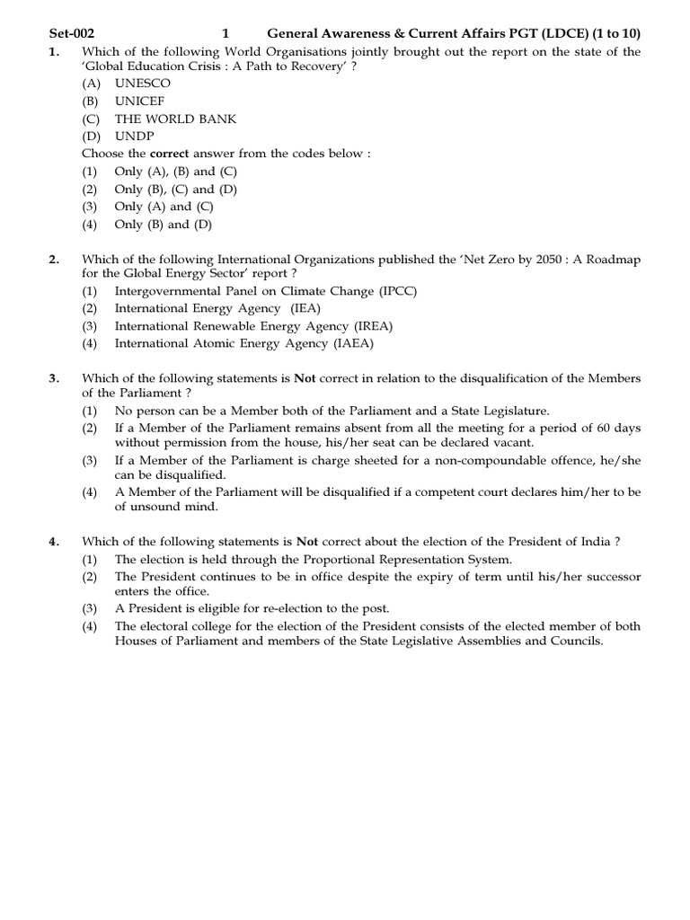 PGT (LDCE) 001 To 010 General Awareness and Current Affairs English ...