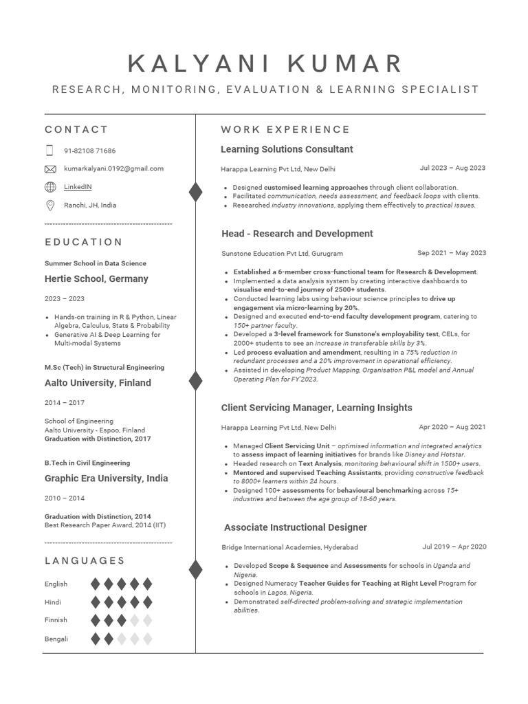 Kalyani Kumar - Resume With Cover | PDF | Learning | Leadership