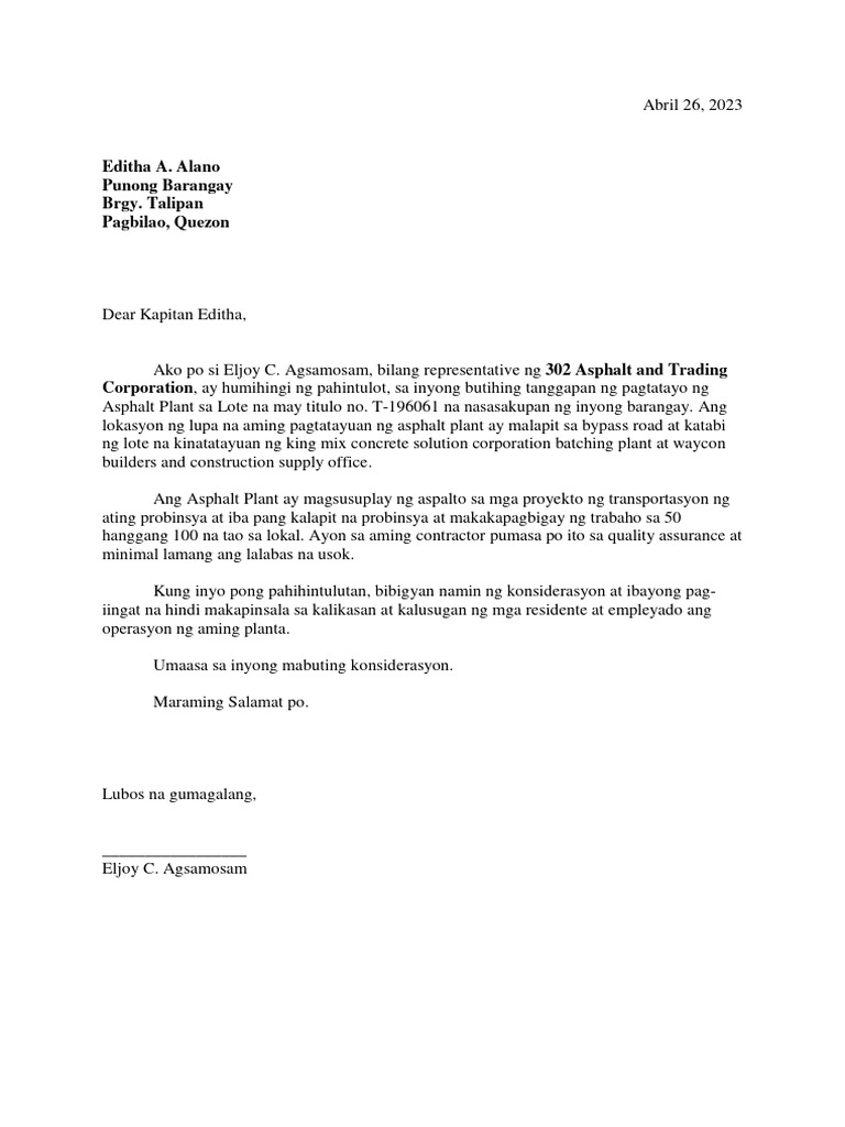 04262023letter of Intent To Barangay | PDF