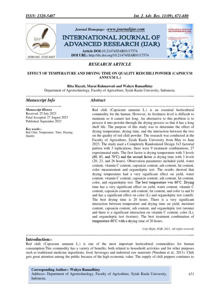 Effect of Temperature and Drying Time On Quality Redchili Powder ...