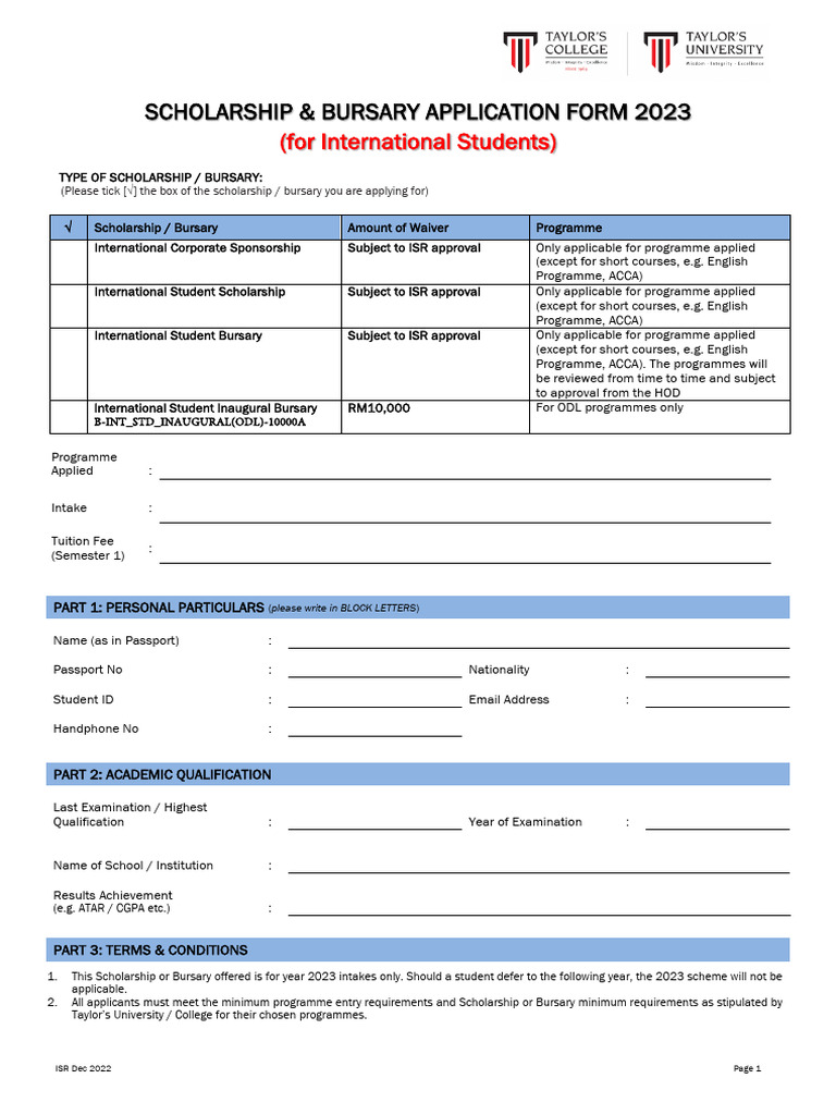 Scholarship - Bursary Application Form 2023 International Students Dec 2022 | PDF | Justice ...
