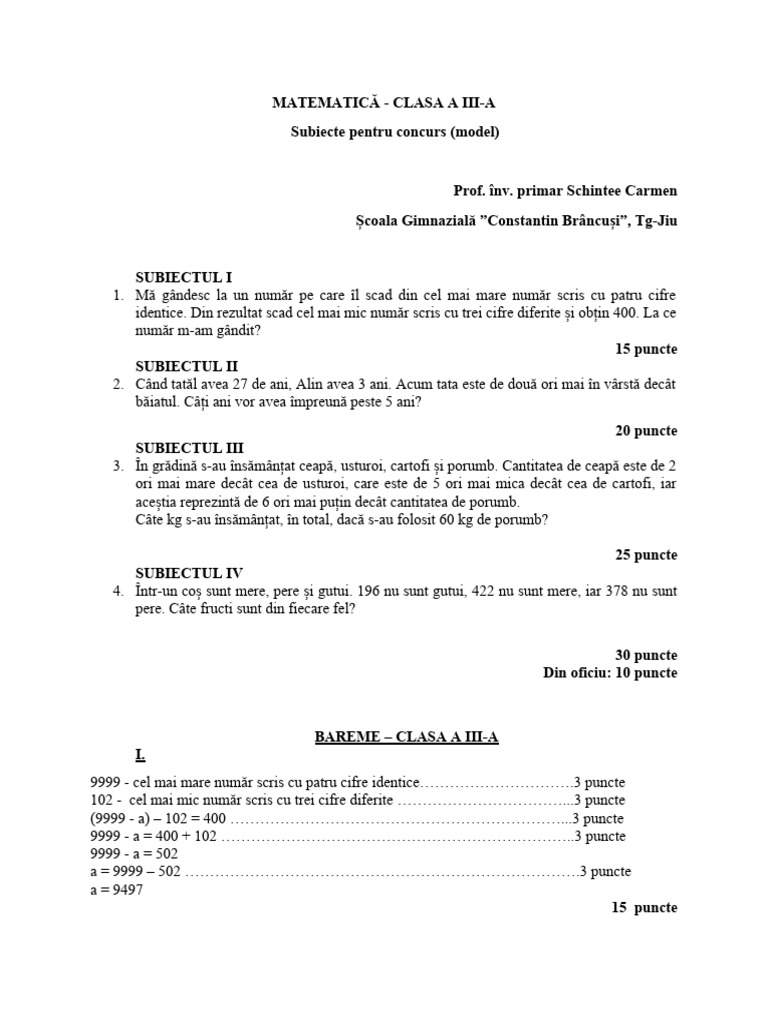 Subiecte Concurs Cls III Matematica | PDF