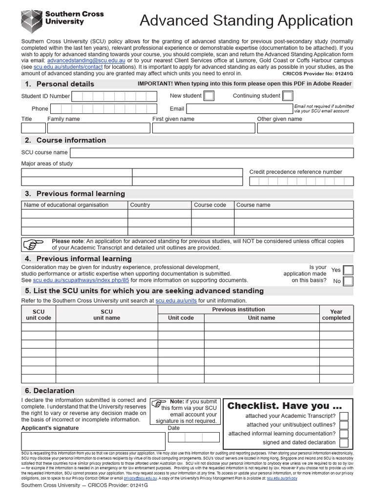 SCU Advanced Standing Application Guide | PDF | Privacy | Cloud Computing