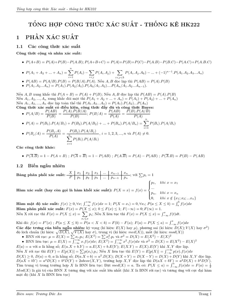 T NG H P Công TH C XSTK HK222 | PDF