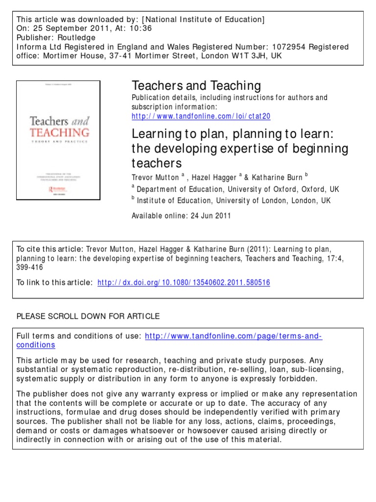 Developing Planning Skills in New Teachers | PDF | Teachers | Lesson Plan
