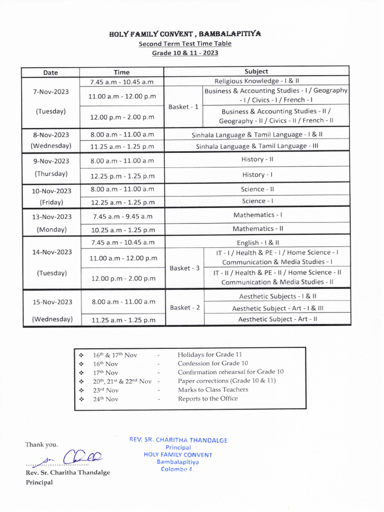 Grade 10 & 11 - Second Term Test Time Table - 2023 | PDF