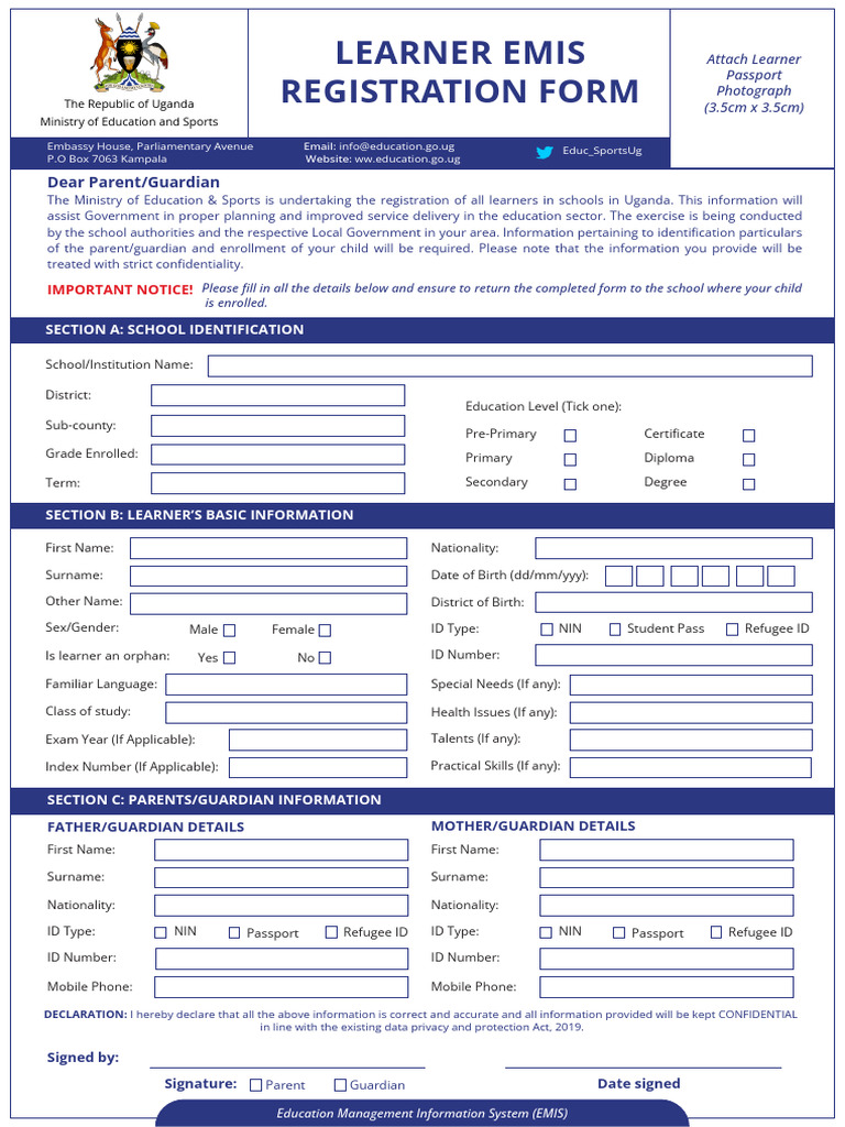 Learner EMIS Registration Form 2023 | PDF | Identity Document