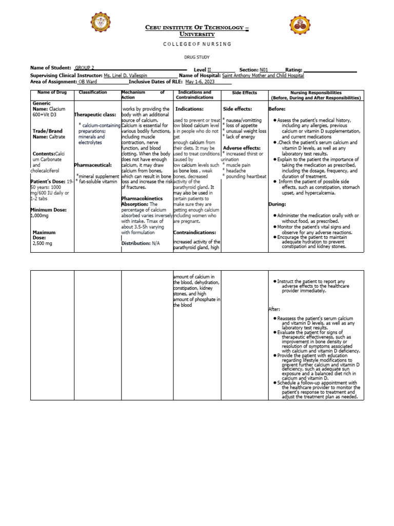 DRUG-STUDY (Calcium) | PDF | Vitamin D | Dose (Biochemistry)