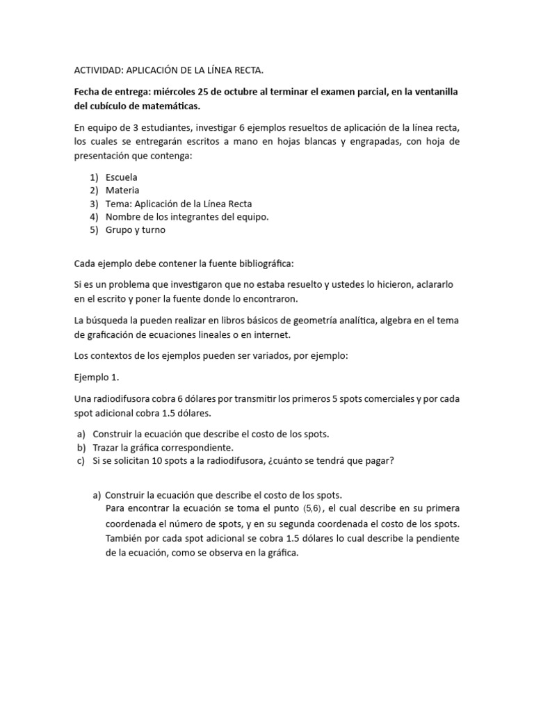 Actividad Aplicacion de La Linea Recta | PDF | Ecuaciones | Línea (geometría)