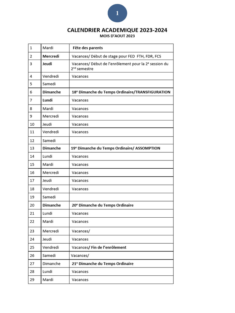 Calendrier Academique 2023-2024 Final 3 | PDF
