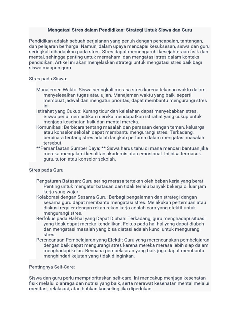 Mengatasi Stres Dalam Pendidikan - Strategi Untuk Siswa Dan Guru | PDF