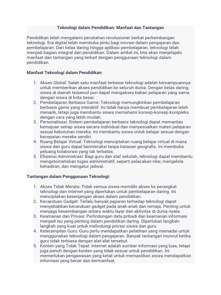 Teknologi Dalam Pendidikan - Manfaat Dan Tantangan | PDF