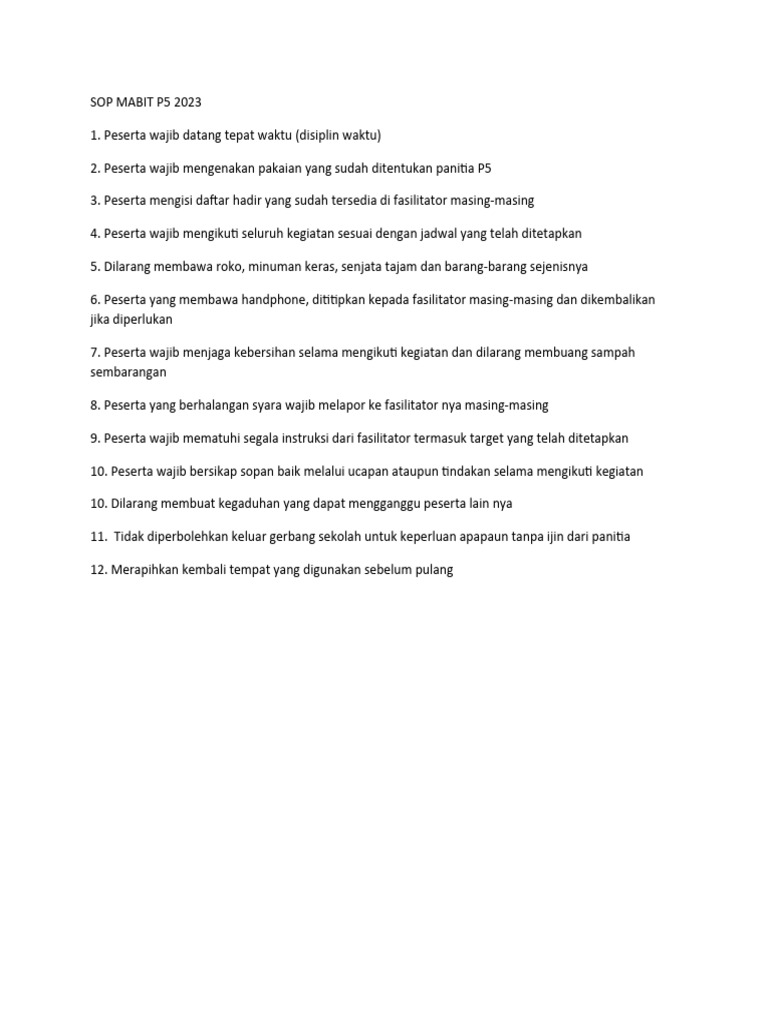 Contoh SOP untuk Peserta Mabit P5 | PDF | Karier & Perkembangan