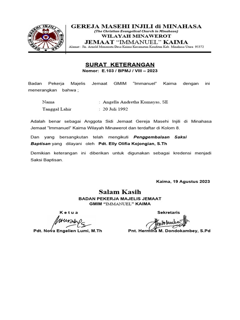 E.103 Surat Ket Anng. Sidi Jemaat | PDF