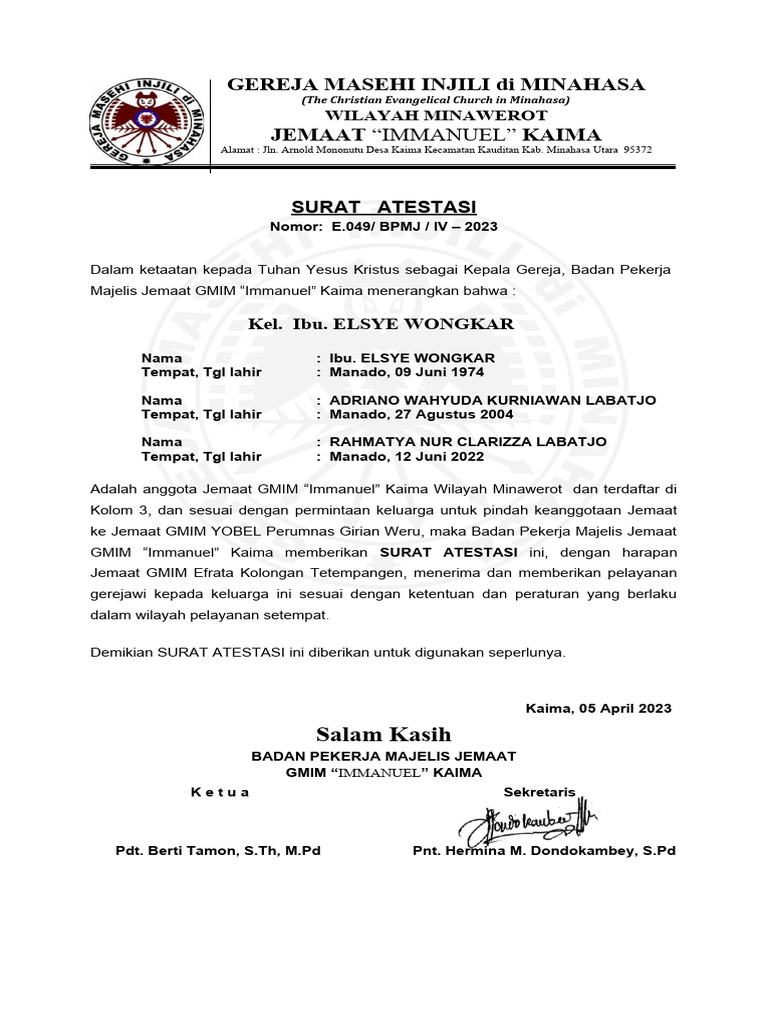 Surat Atestasi Jemaat GMIM Kaima | PDF