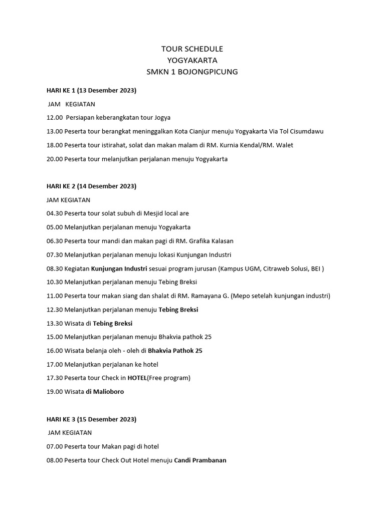 Jadwal Tour Yogyakarta SMKN 1 Bojongpicung | PDF