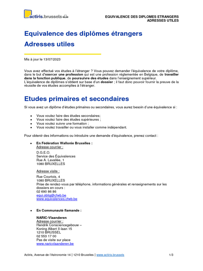 Équivalence Diplômes : Contacts Clés | PDF | Bruxelles