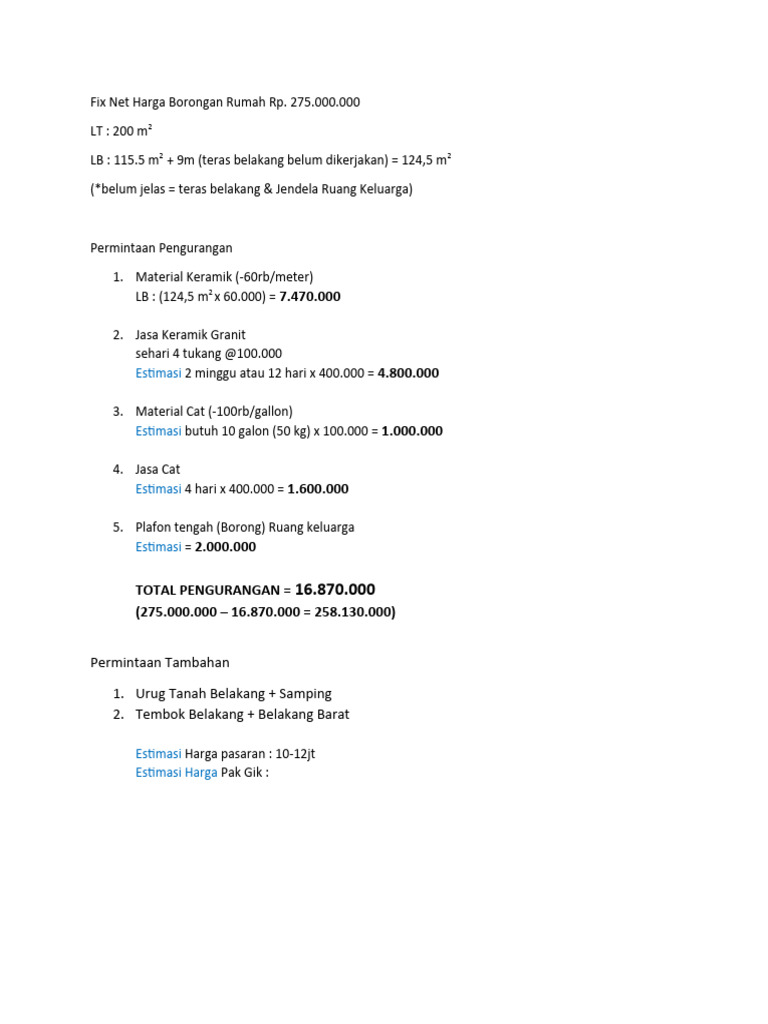 Fix Net Harga Borongan Rumah RP | PDF