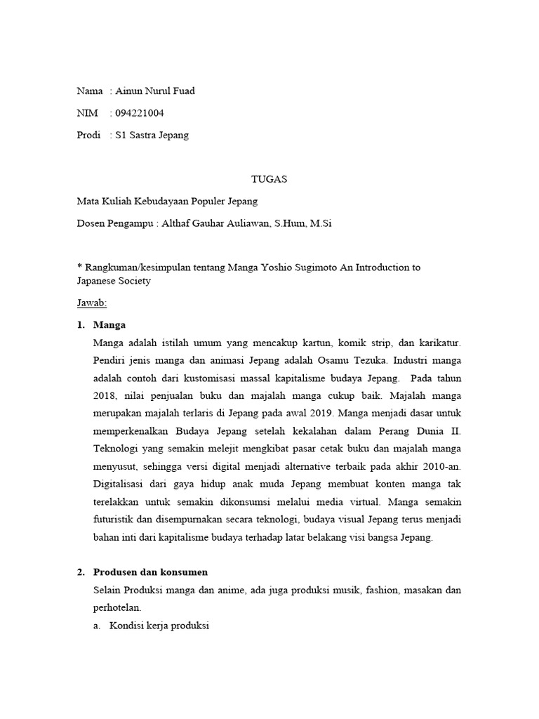 Tugas Rangkuman Manga Yoshio Sugimoto | PDF
