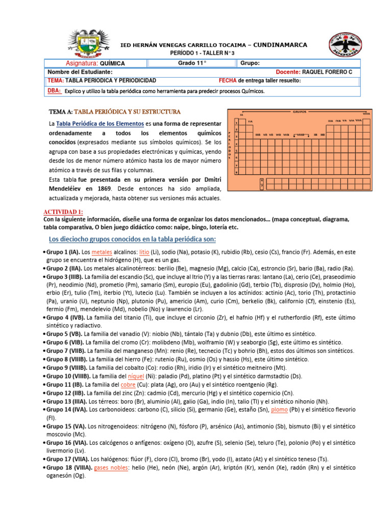 11° TALLER 3 PERÍODO 1 TABLA PERIÓDICA | PDF | Tabla periódica | Importar