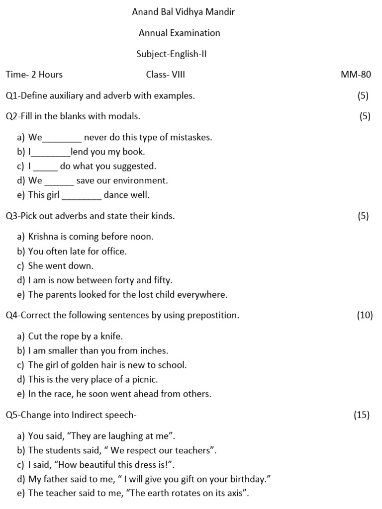 Class 8 English II Annual Exam Paper | PDF