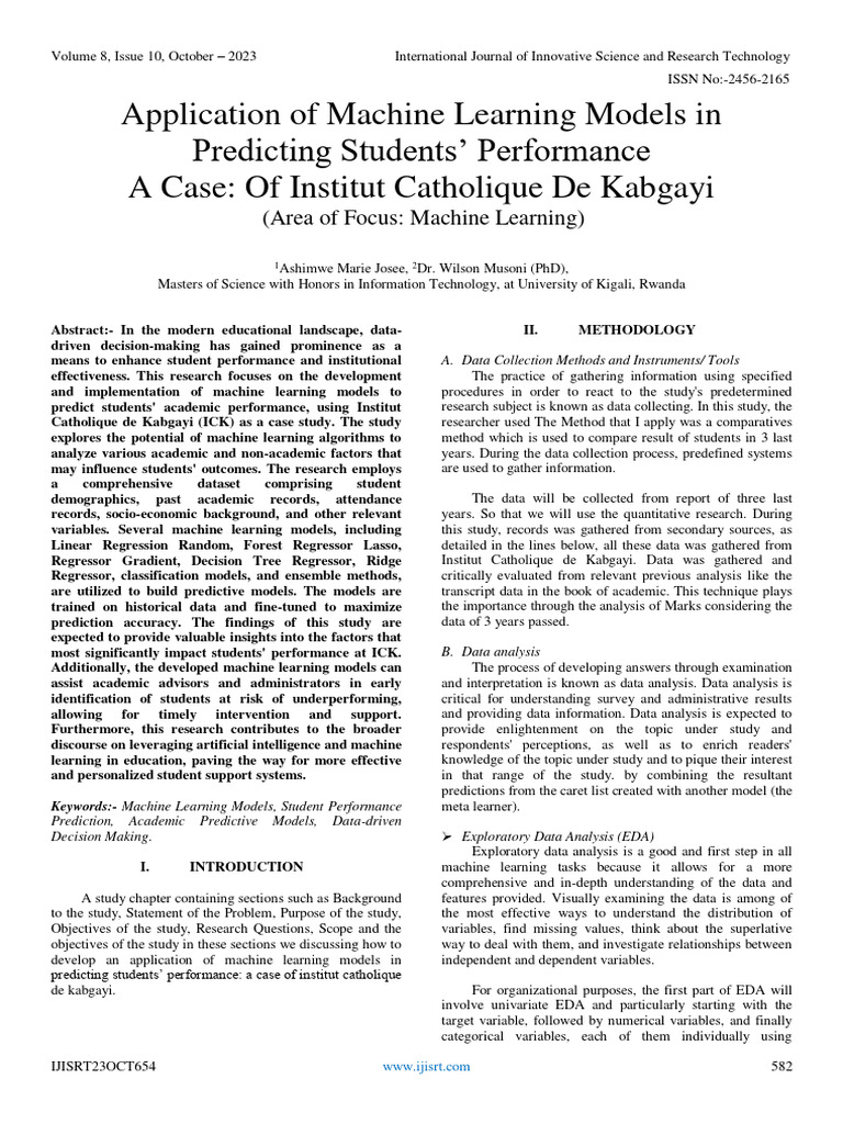 Application of Machine Learning Models in Predicting Students' Performance A Case: of Institut ...