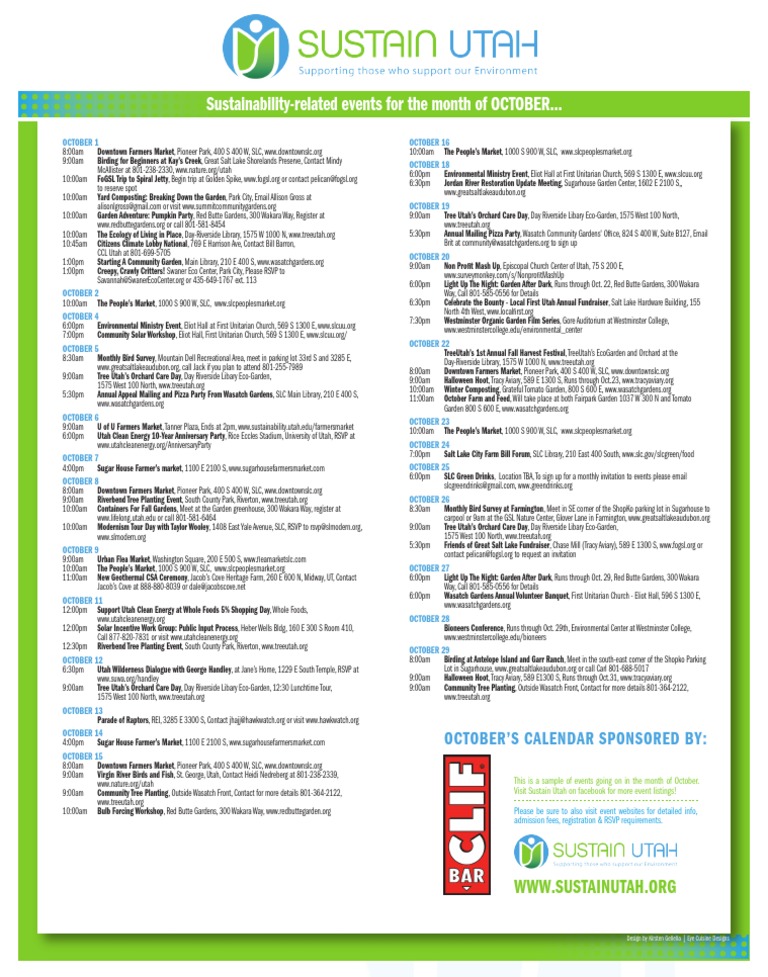 October Sustainability Events Calendar | PDF | Utah | Salt Lake City