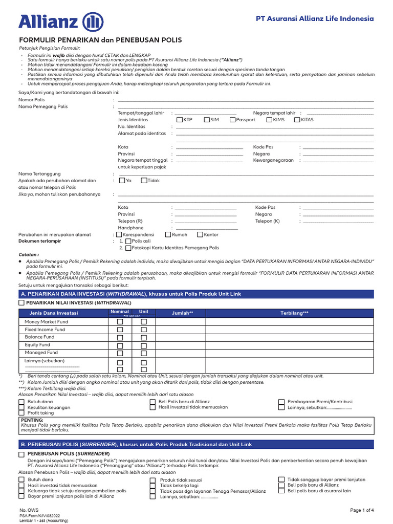 Formulir Penarikan Dan Penebusan Polis | PDF