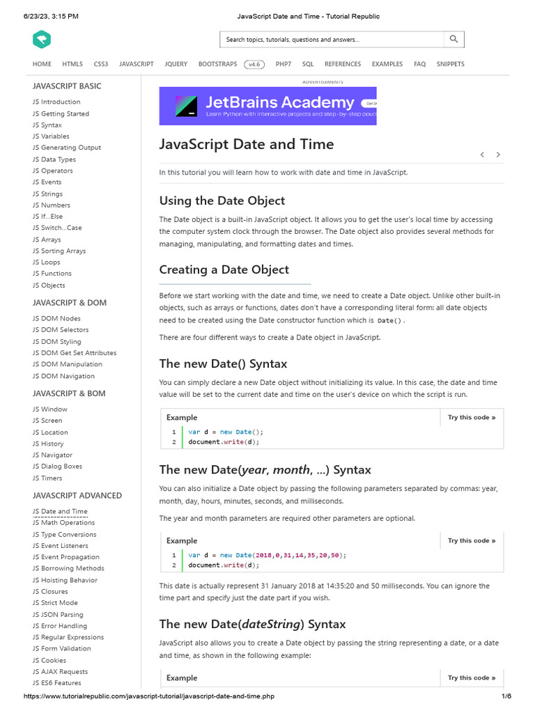 JavaScript Date and Time - Tutorial Republic | PDF | Java Script | Document Object Model