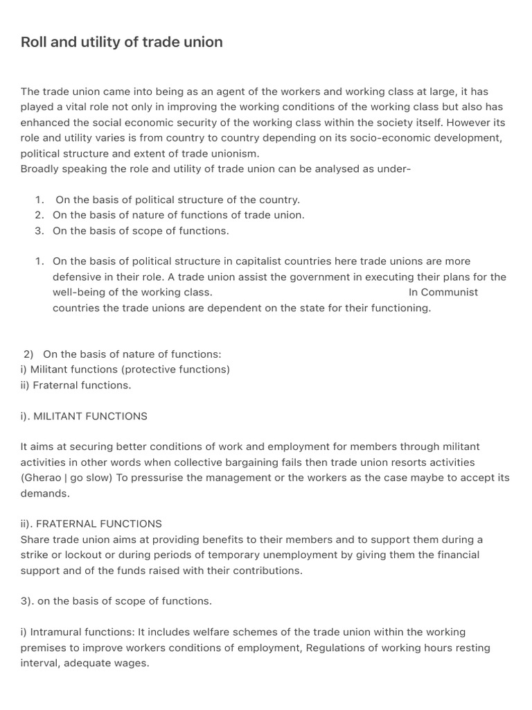 Roll and Utility of Trade Union | PDF | Trade Union | Strike Action