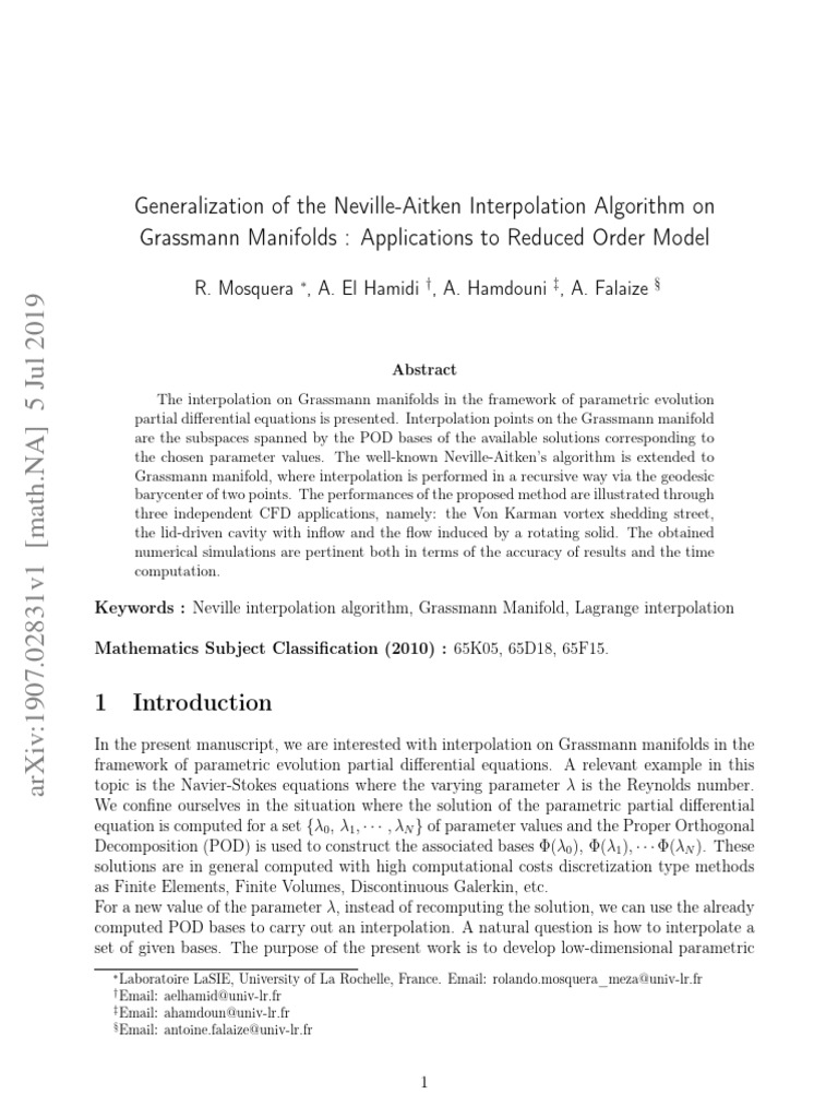 Generalization of The Neville-Aitken Interpolation Algorithm On Grassmann Manifolds ...