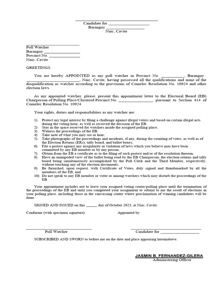 APPOINTMENT OF WATCHER Template | PDF | Voting | Elections