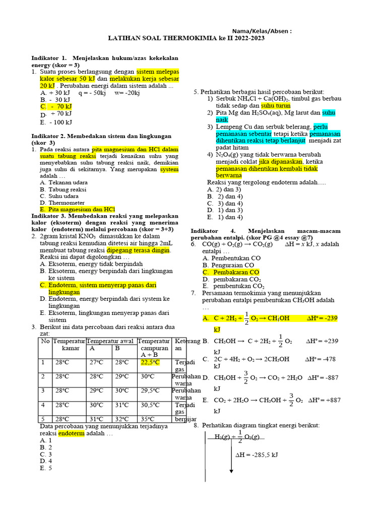 Latihan Soal Thermokimia Ke II 2022-2023 | PDF