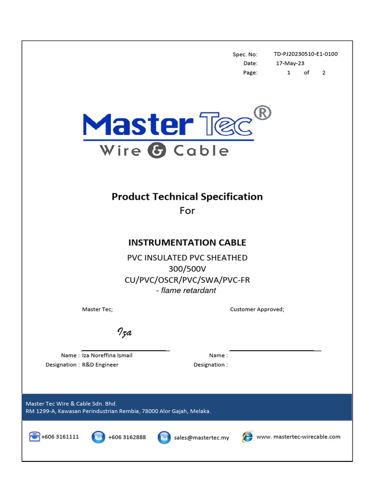 Master Tec Instrumentation Cable Spec | PDF | Wire | Polyvinyl Chloride