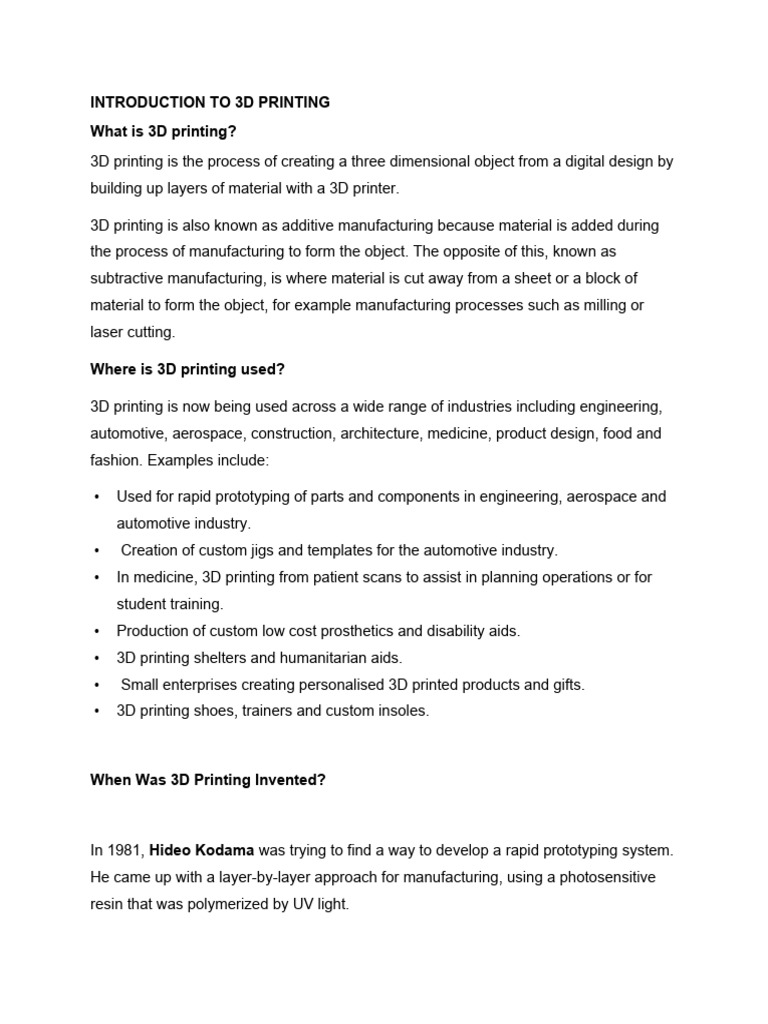 Introduction To 3D Printing | PDF